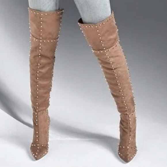 VENUS | Shoes | New In Box Venus Boots Stacked Heel Thighhigh Taupe W ...